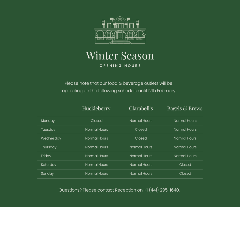 Winter Season Opening Hours - Rosedon Hotel