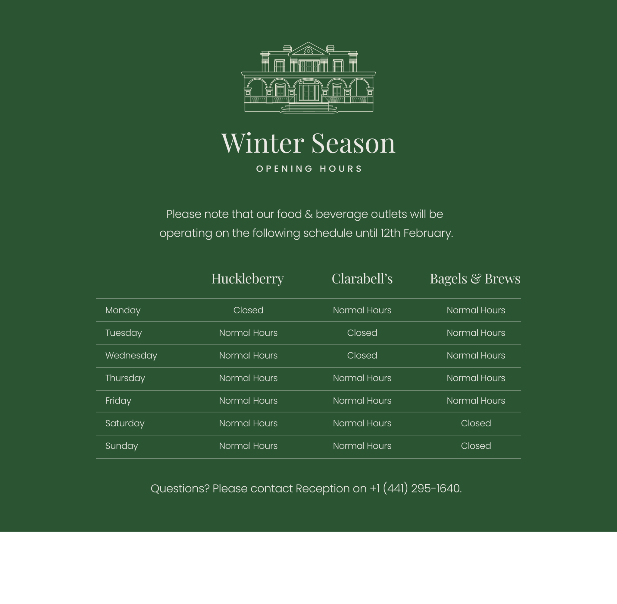 Winter Season Opening Hours - Rosedon Hotel